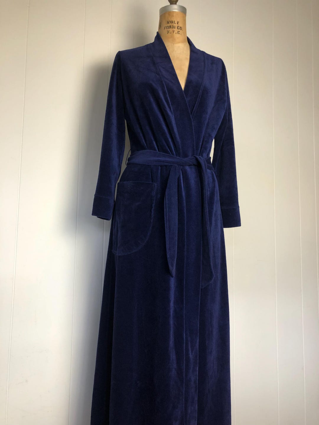 80s Vintage Long Royal Blue Velvet Robe Simple Housecoat With One Side ...