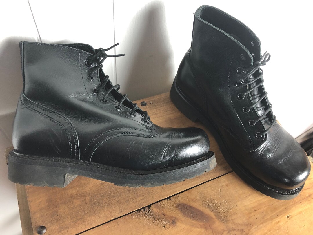 Black Leather Combat Drill Lace up Boots Shoes Unisex Punk Drill Boots ...