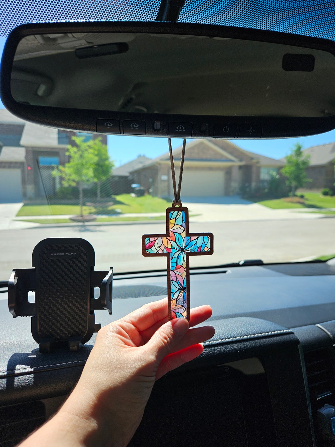 Stained Glass Cross, Rear View Mirror Ornament, Car Ornament, Car Charm ...