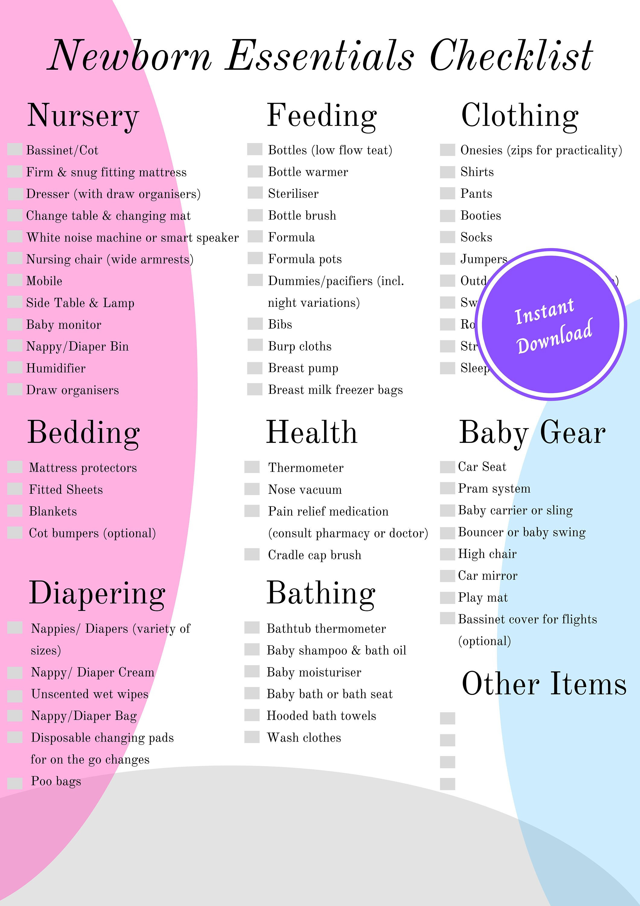 Newborn Essentials Checklist: New Parent - Nursery, Clothing, Feeding ...