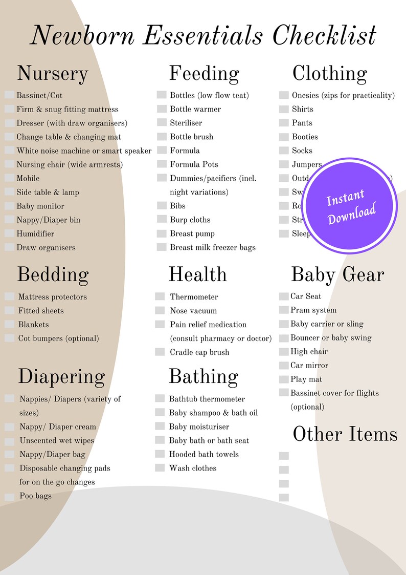 Newborn Essentials Checklist: New Parent - Nursery, Clothing, Feeding ...
