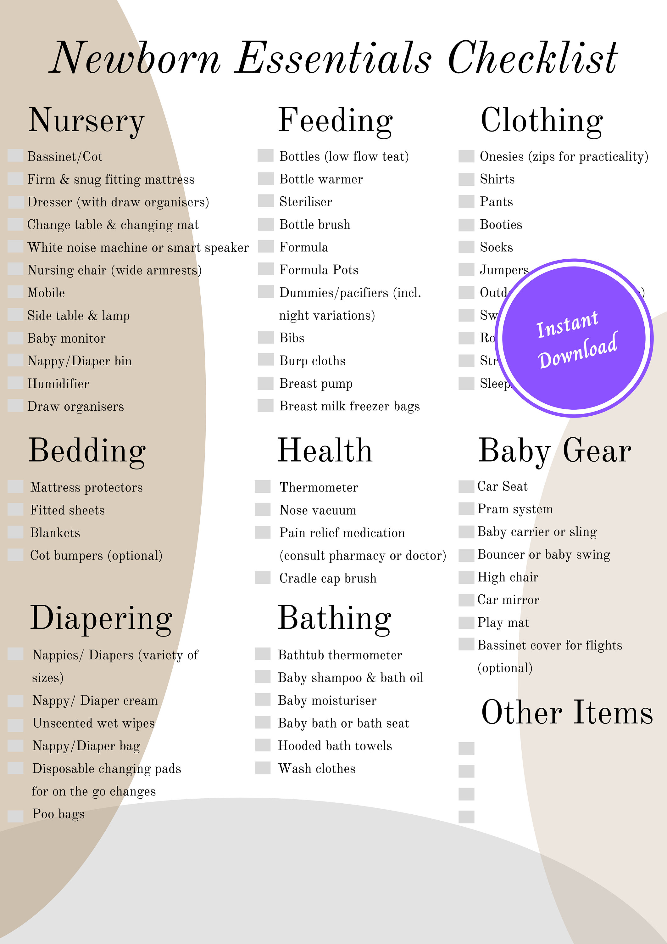 Newborn Essentials Checklist: New Parent - Nursery, Clothing, Feeding ...