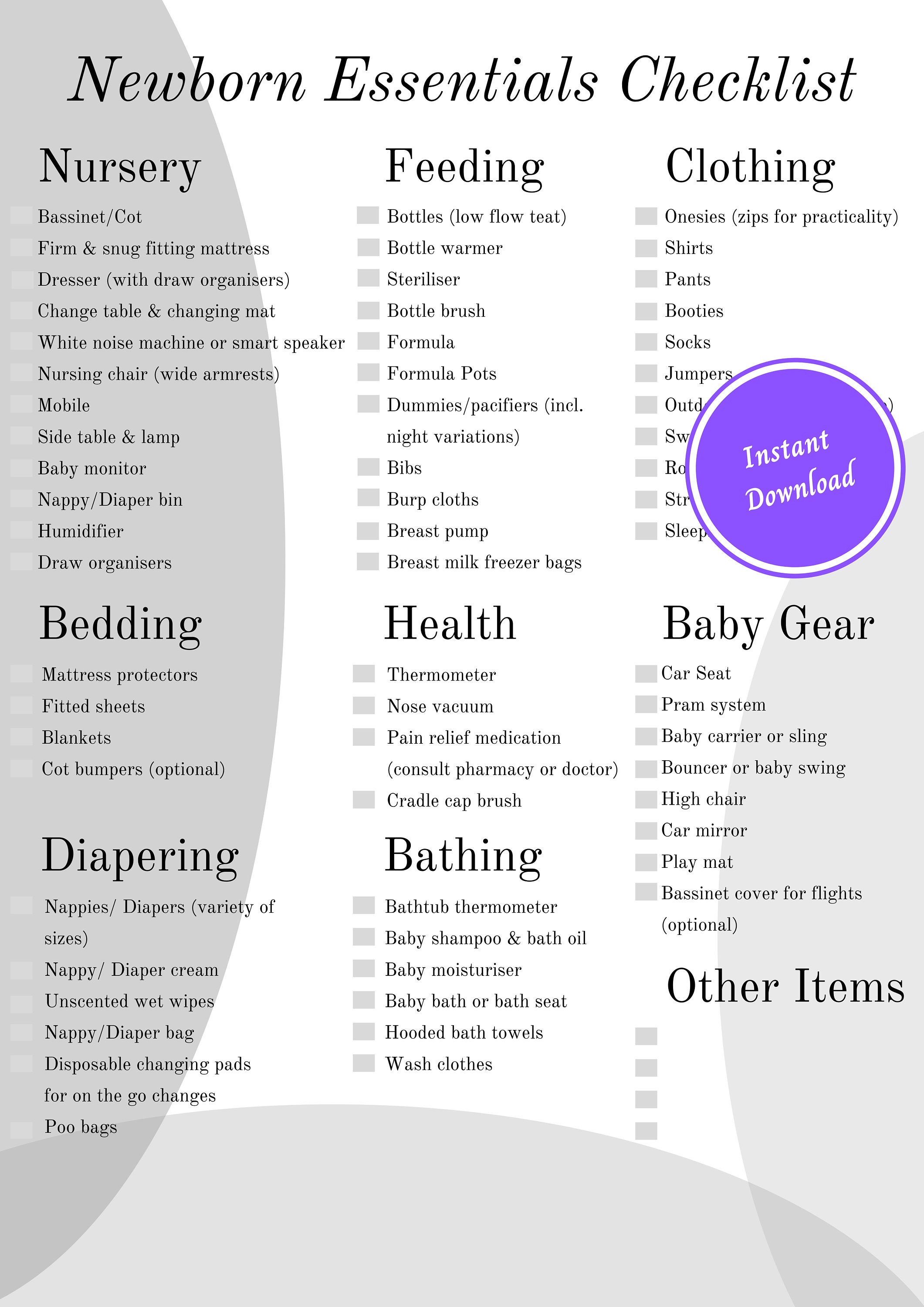 Newborn Essentials Checklist: New Parent - Nursery, Clothing, Feeding ...