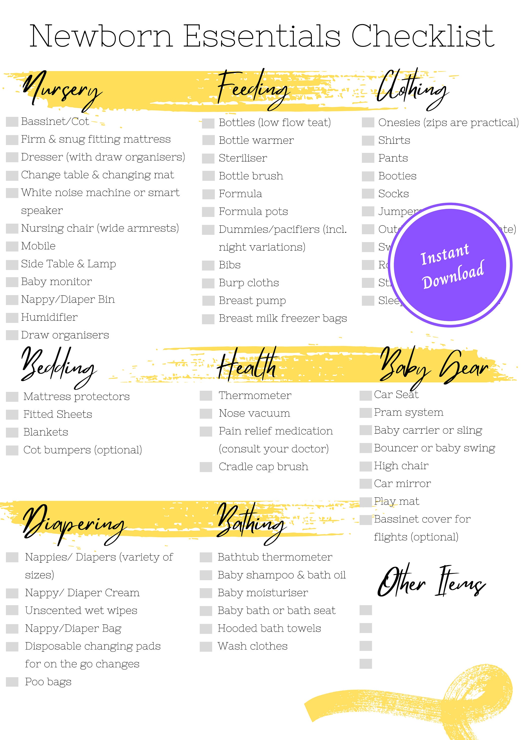 Newborn Essentials Checklist: New Parent - Nursery, Clothing, Feeding ...