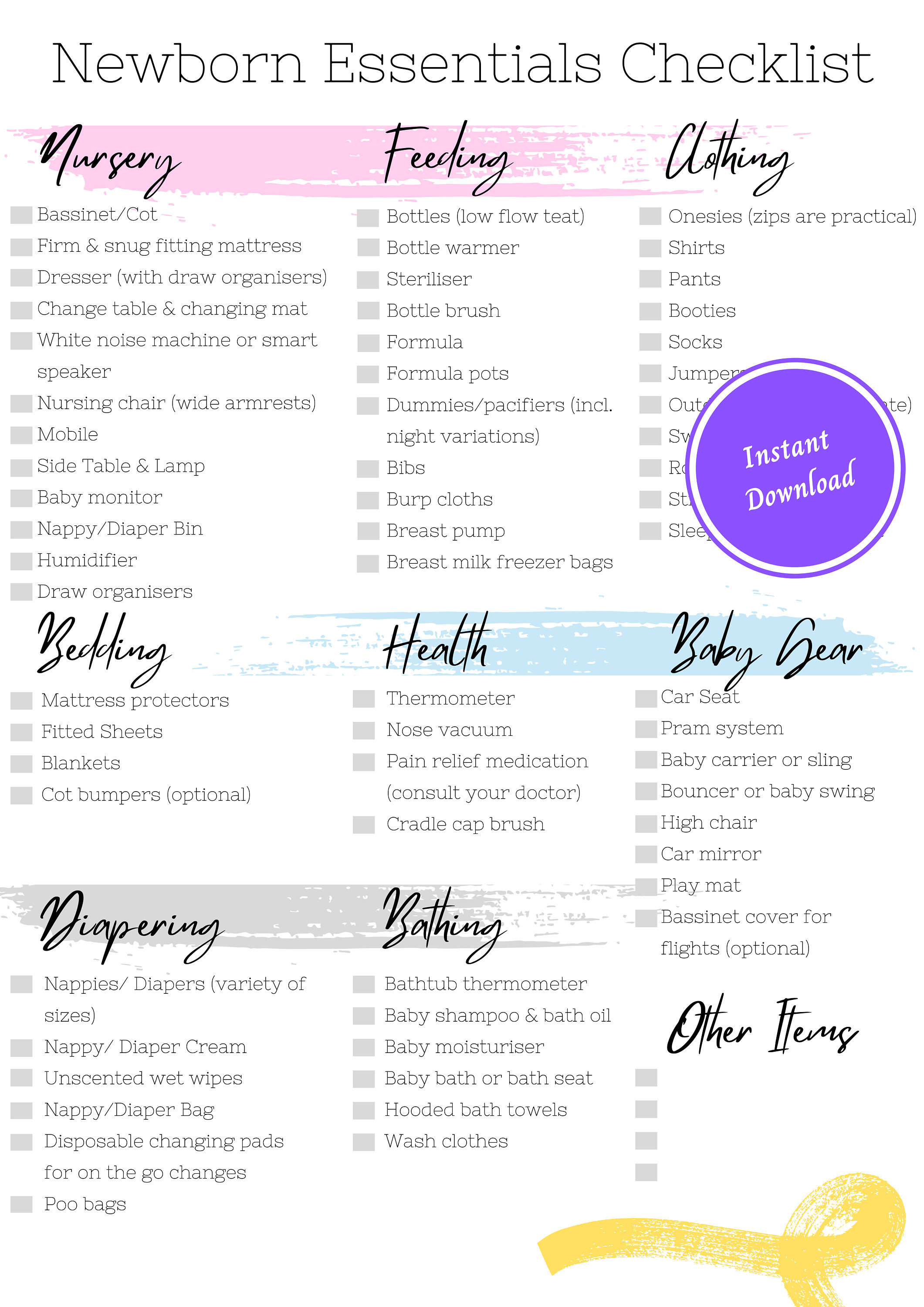 Newborn Essentials Checklist: New Parent - Nursery, Clothing, Feeding ...