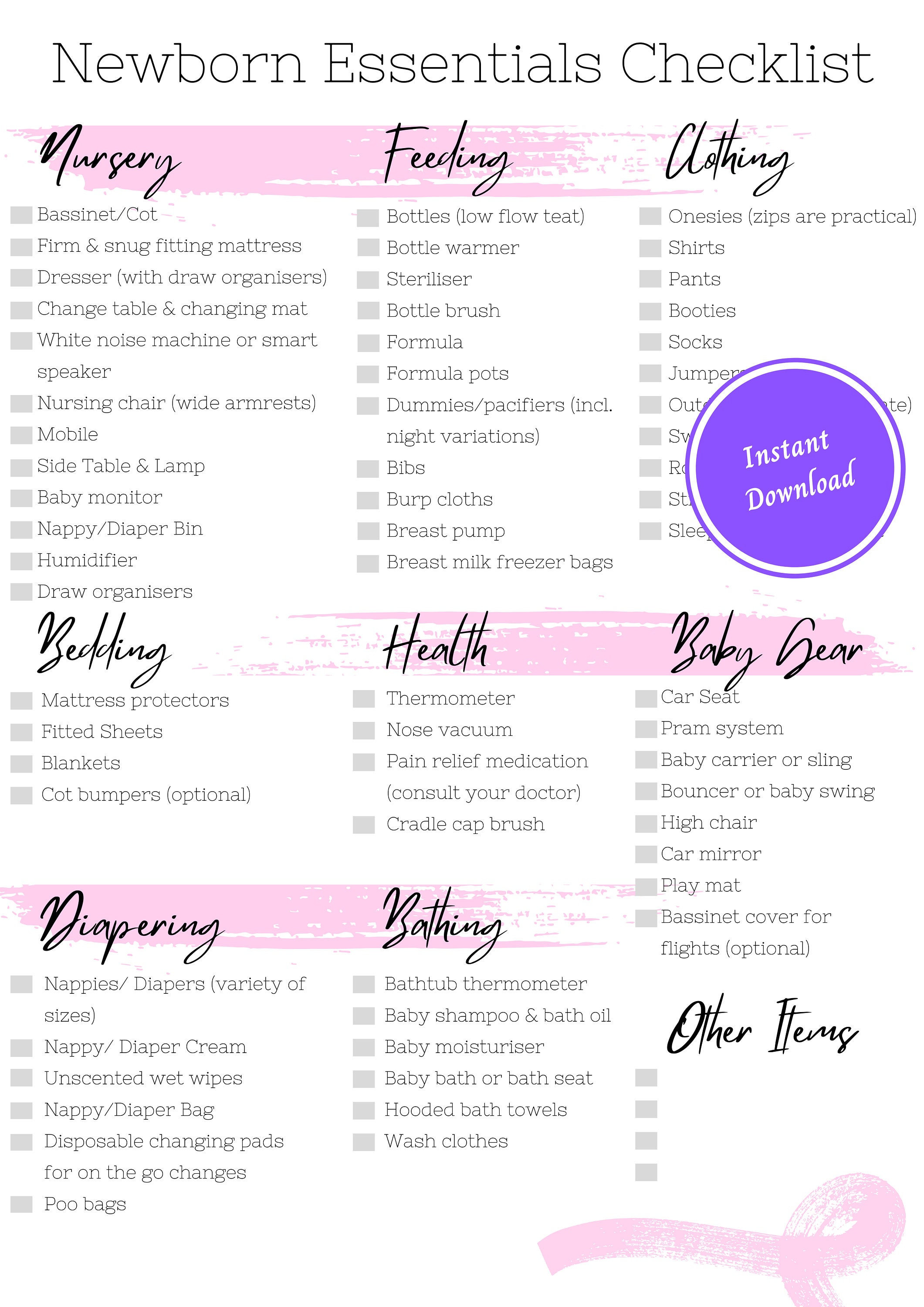 Newborn Essentials Checklist: New Parent - Nursery, Clothing, Feeding ...