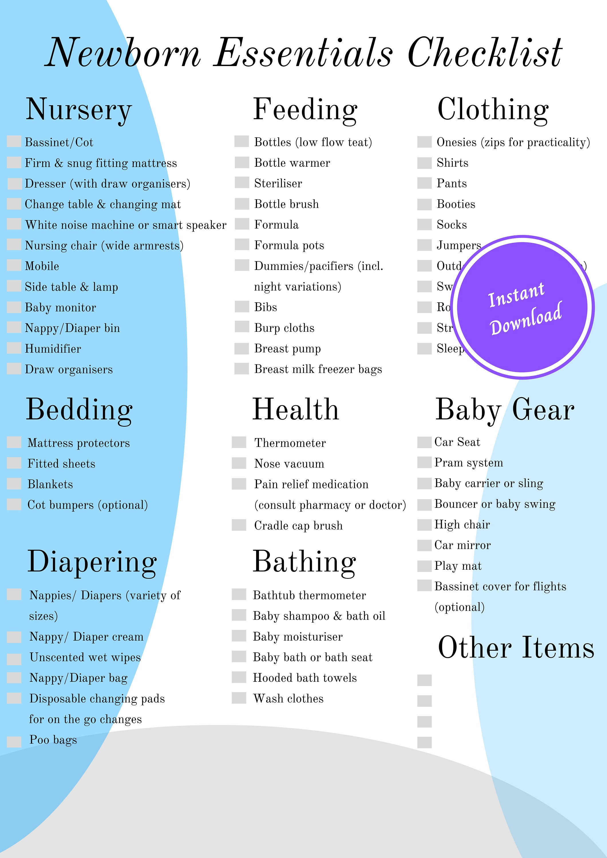 Newborn Essentials Checklist: New Parent - Nursery, Clothing, Feeding ...