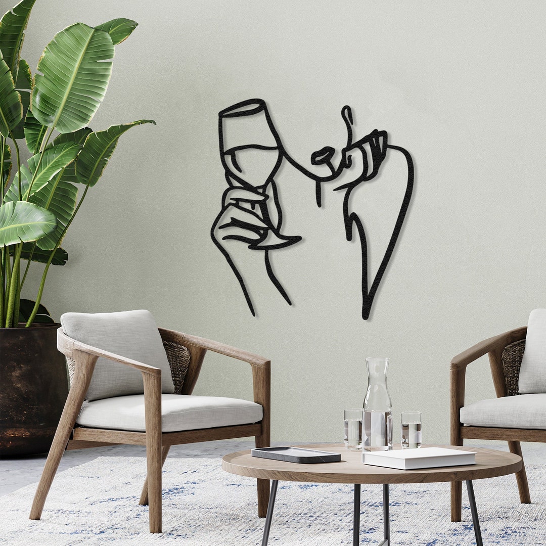 Metal Wall Decor, Woman Drinking Wine Home Decor, Line Wall Art, Woman ...