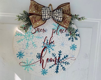 Snow Place Like Home Round Blue Silver Front Door Home Decor Holiday ...