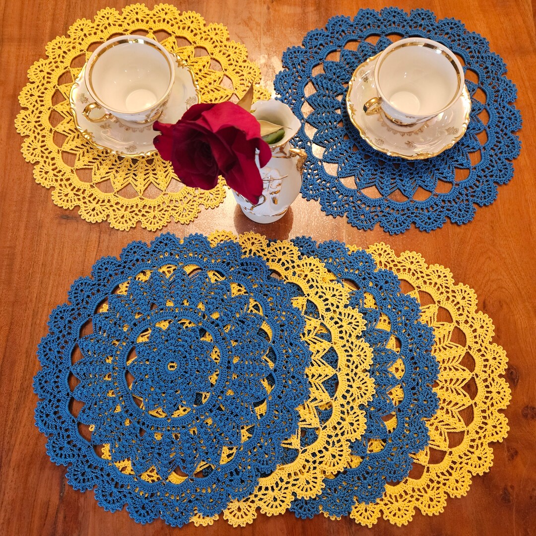 Set of 6 Handmade Crocheted Circle Cotton Place Mats Yellow and Blue ...