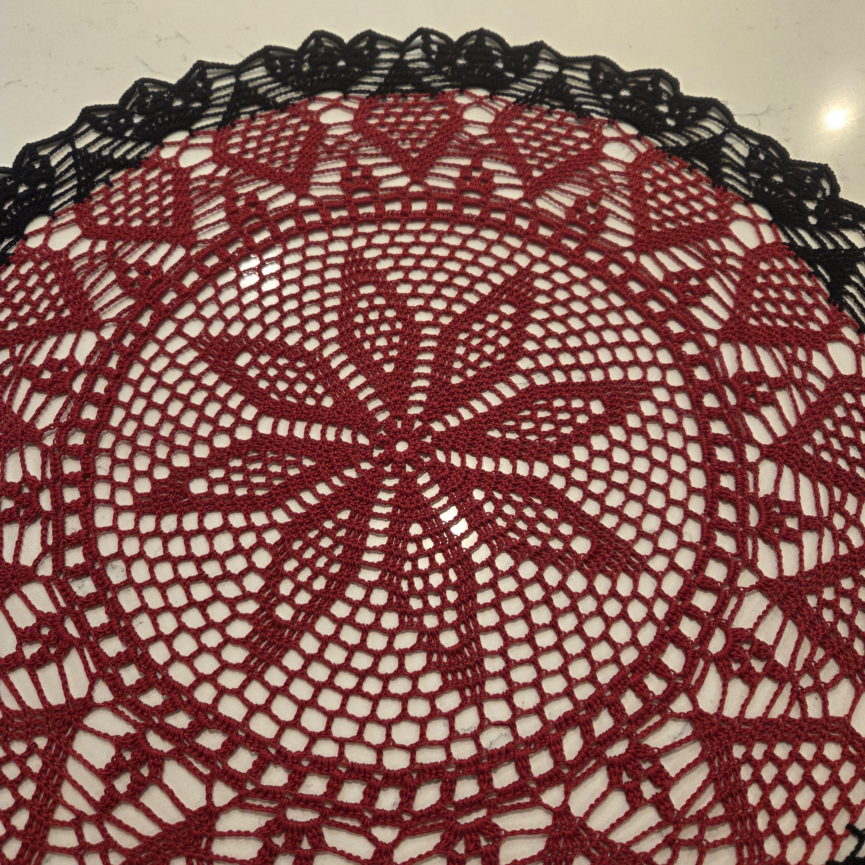 Handmade Crocheted Doily: Red & Black Cotton Table Centerpiece (21 ...