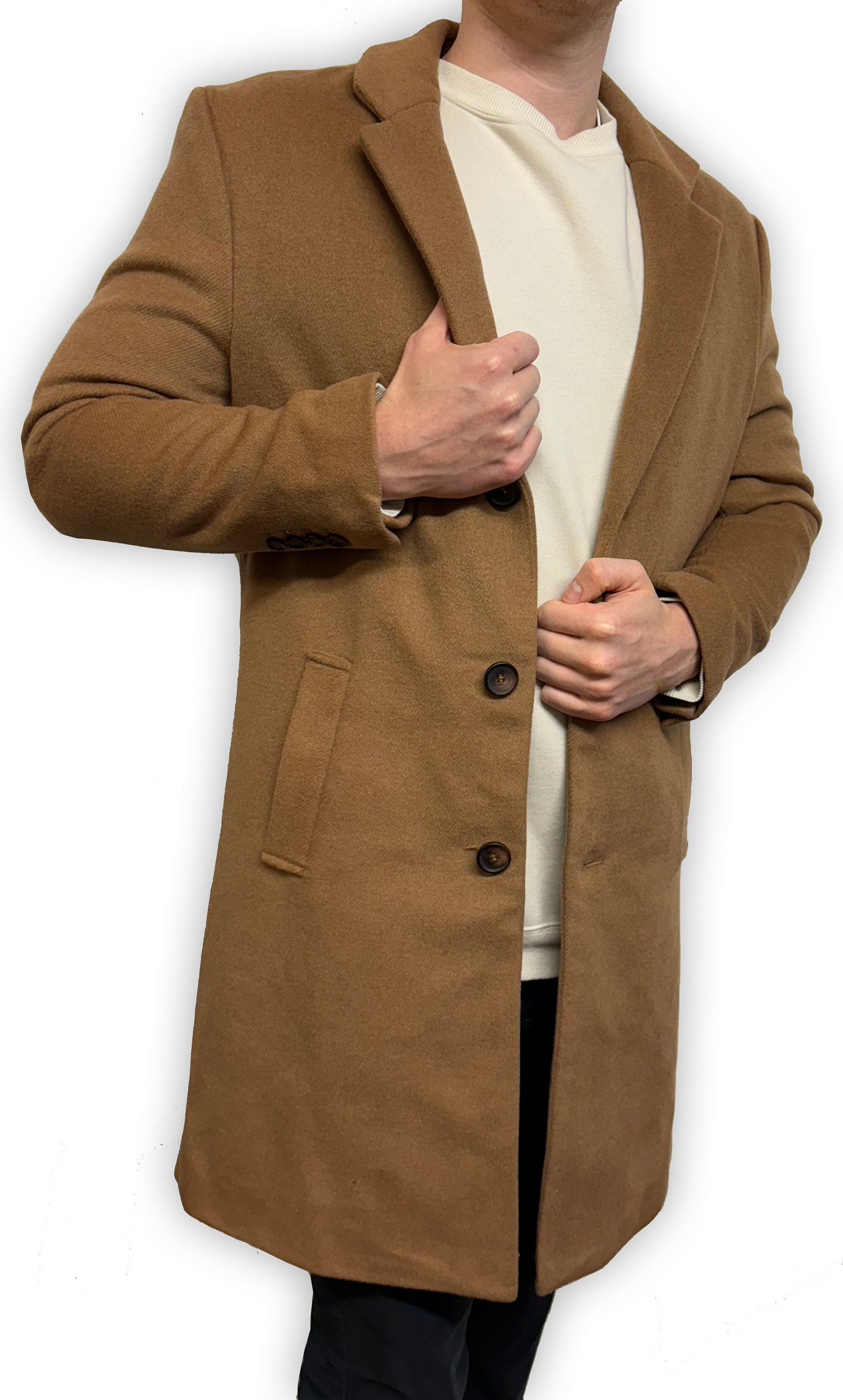 Mens Brown Wool Overcoat Coat Covert Winter Warm Tan Sand Long Business ...