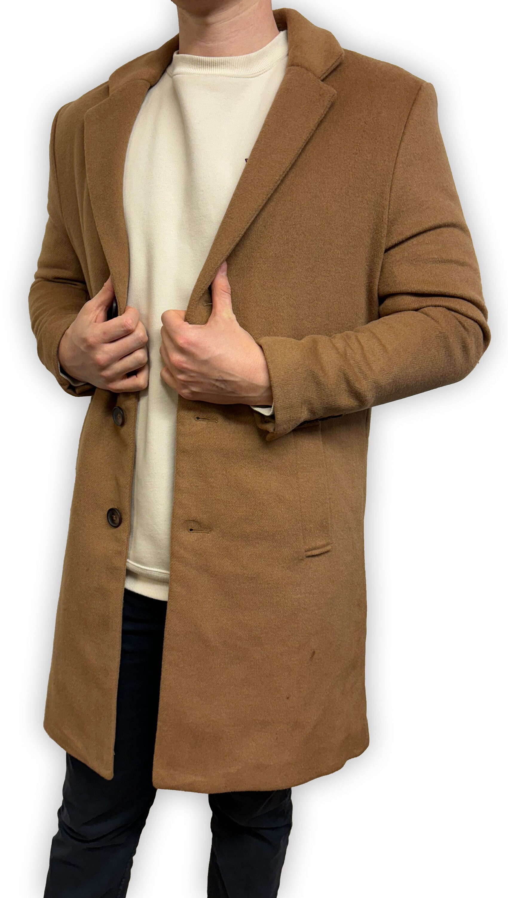 Mens Brown Wool Overcoat Coat Covert Winter Warm Tan Sand Long Business ...