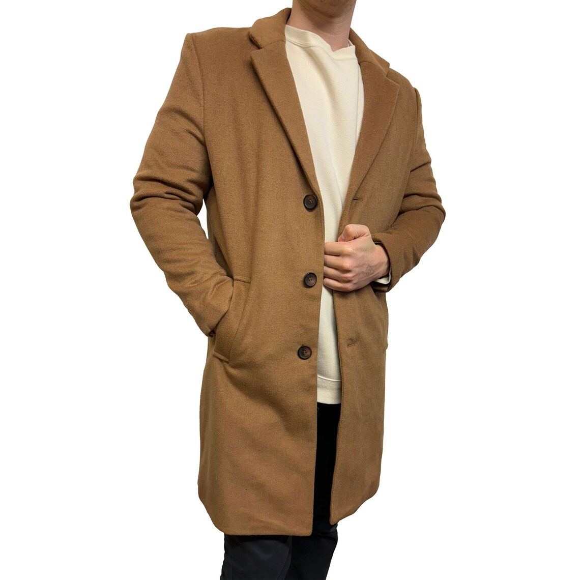 Mens Brown Wool Overcoat Coat Covert Winter Warm Tan Sand Long Business ...