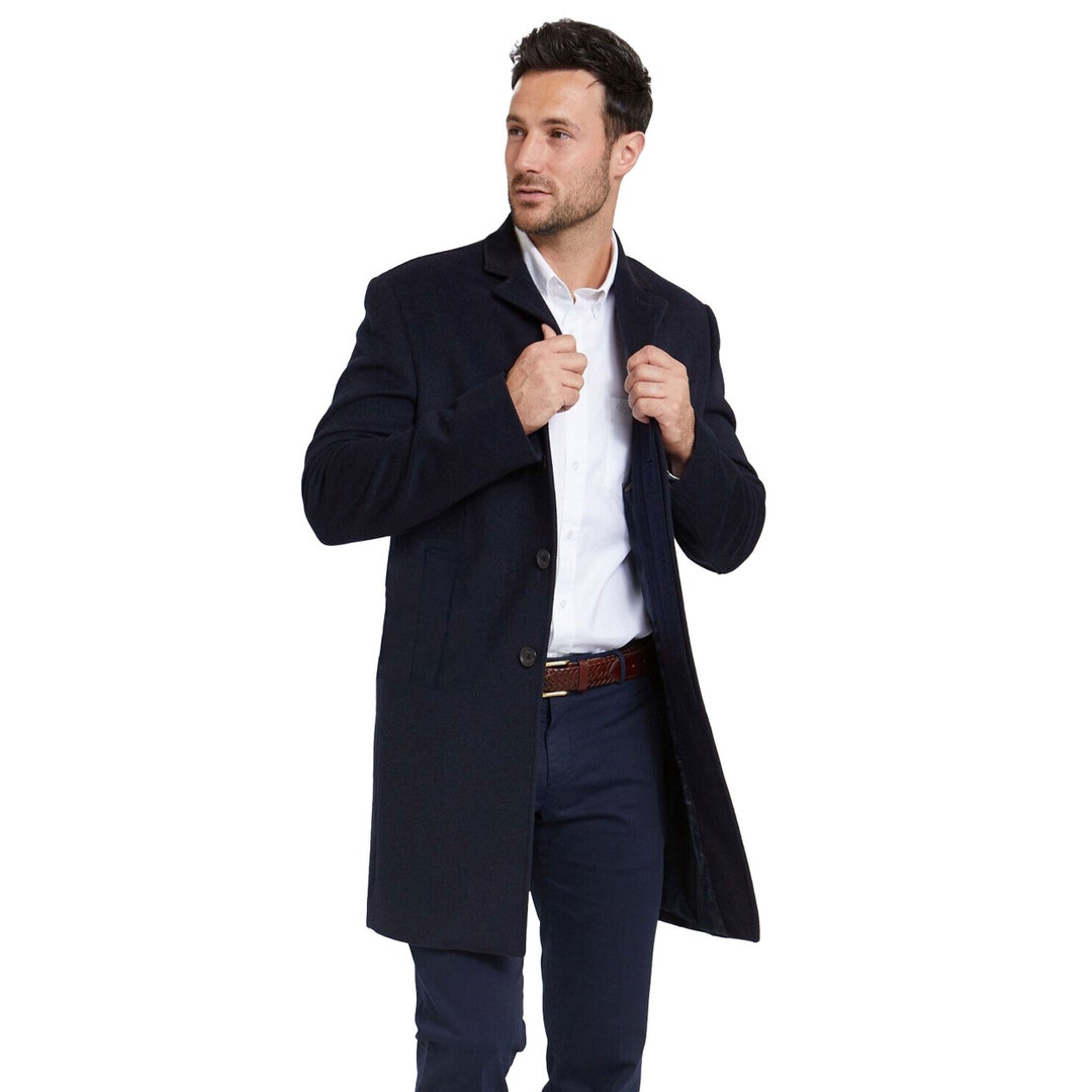 Mens Navy Blue Overcoat Coat Formal Covert Top Mod Winter Warm Long ...
