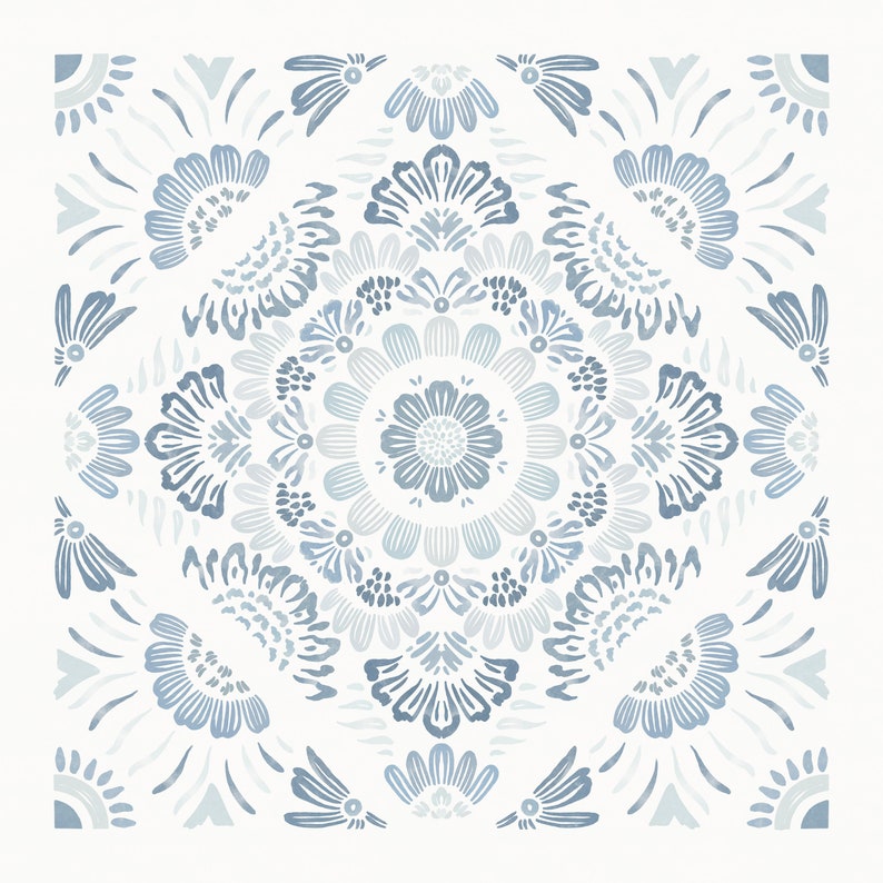 Blue and White Watercolor Floral Mandala Tile Design Digital - Etsy