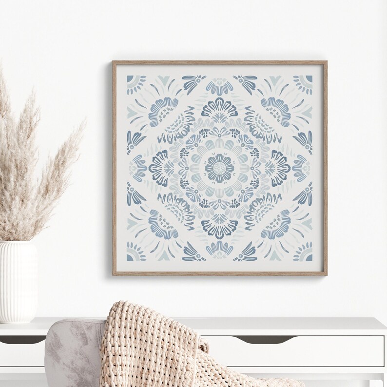 Blue and White Watercolor Floral Mandala Tile Design Digital - Etsy