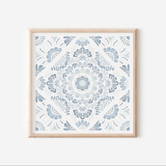 Blue and White Watercolor Floral Mandala Tile Design Digital - Etsy