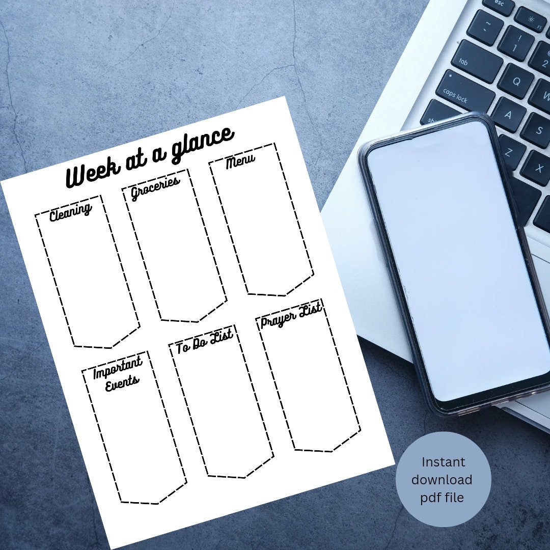 Printable Black and White Week at a Glance Planner, Printable Weekly ...