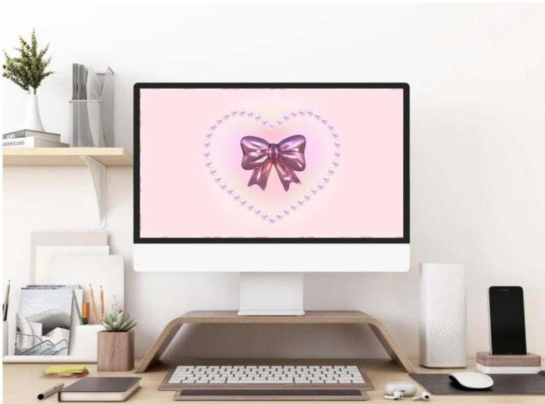 Y2K Pearl Heart & Bow Desktop Wallpaper - Etsy