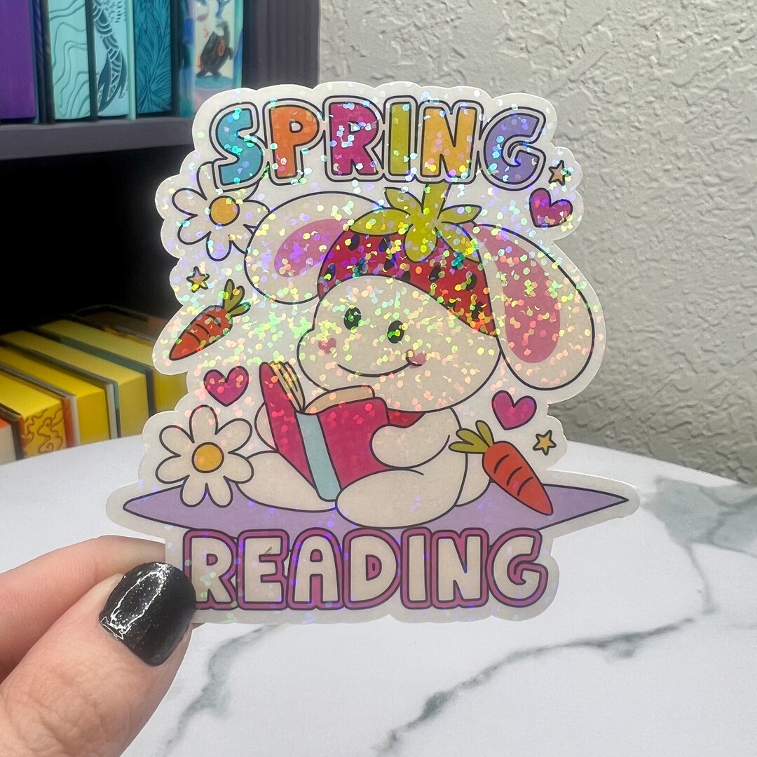 Spring Reading Sticker Bunny Reading Book Design, Holographic Decal for ...