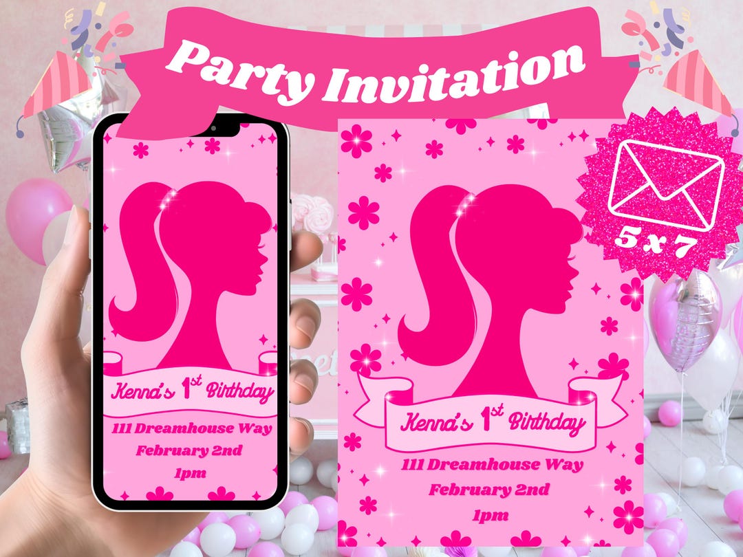 Girls Pink Barbie Birthday Doll Party Invitation Instant Digital ...
