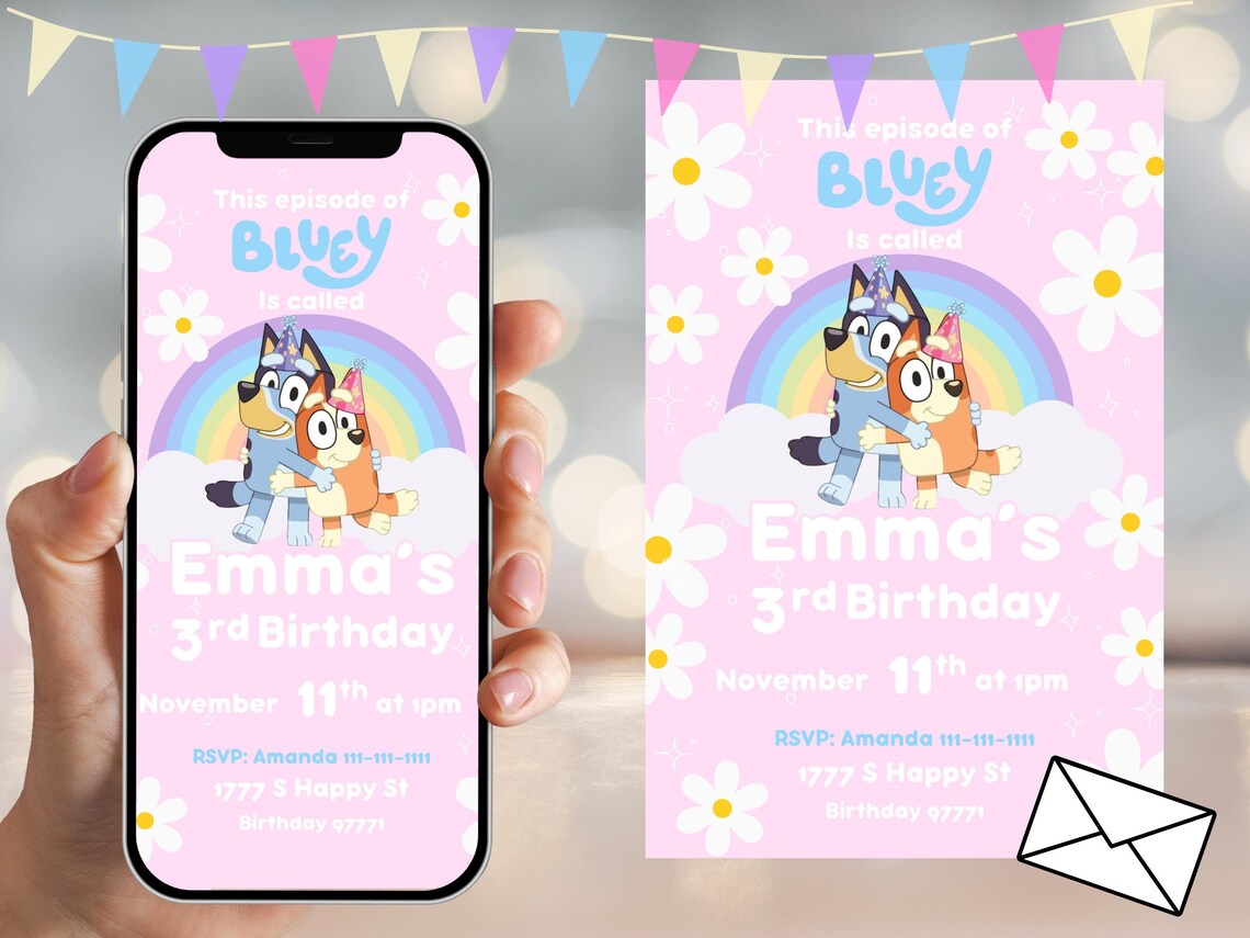Pink Bluey Inspired Birthday Party Editable Digital Invite - Etsy UK
