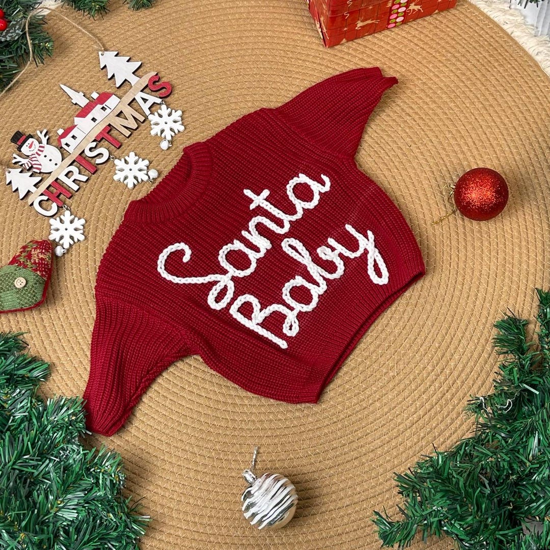 Hand Embroidered Christmas Santa Baby Sweater, Hand Embroidered Baby ...