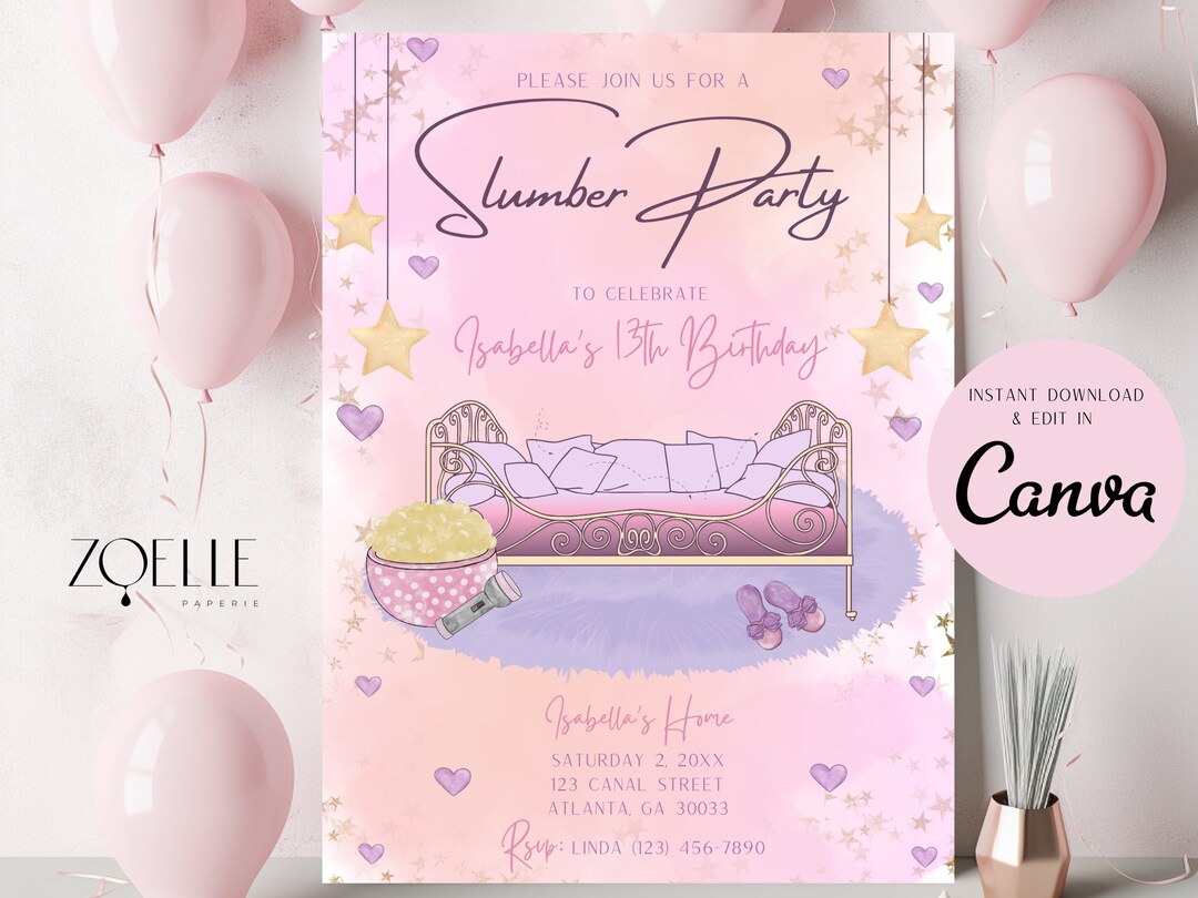 EDITABLE Slumber Party Birthday Invitation Sleepover Birthday - Etsy