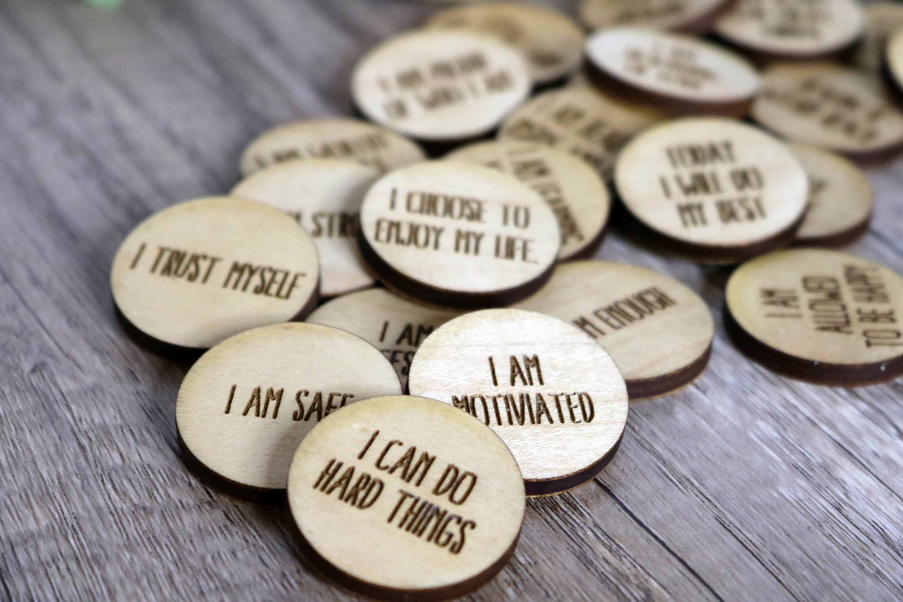 Positive Affirmation Tokens| 30 Positivity Tokens| Customizable Wooden ...