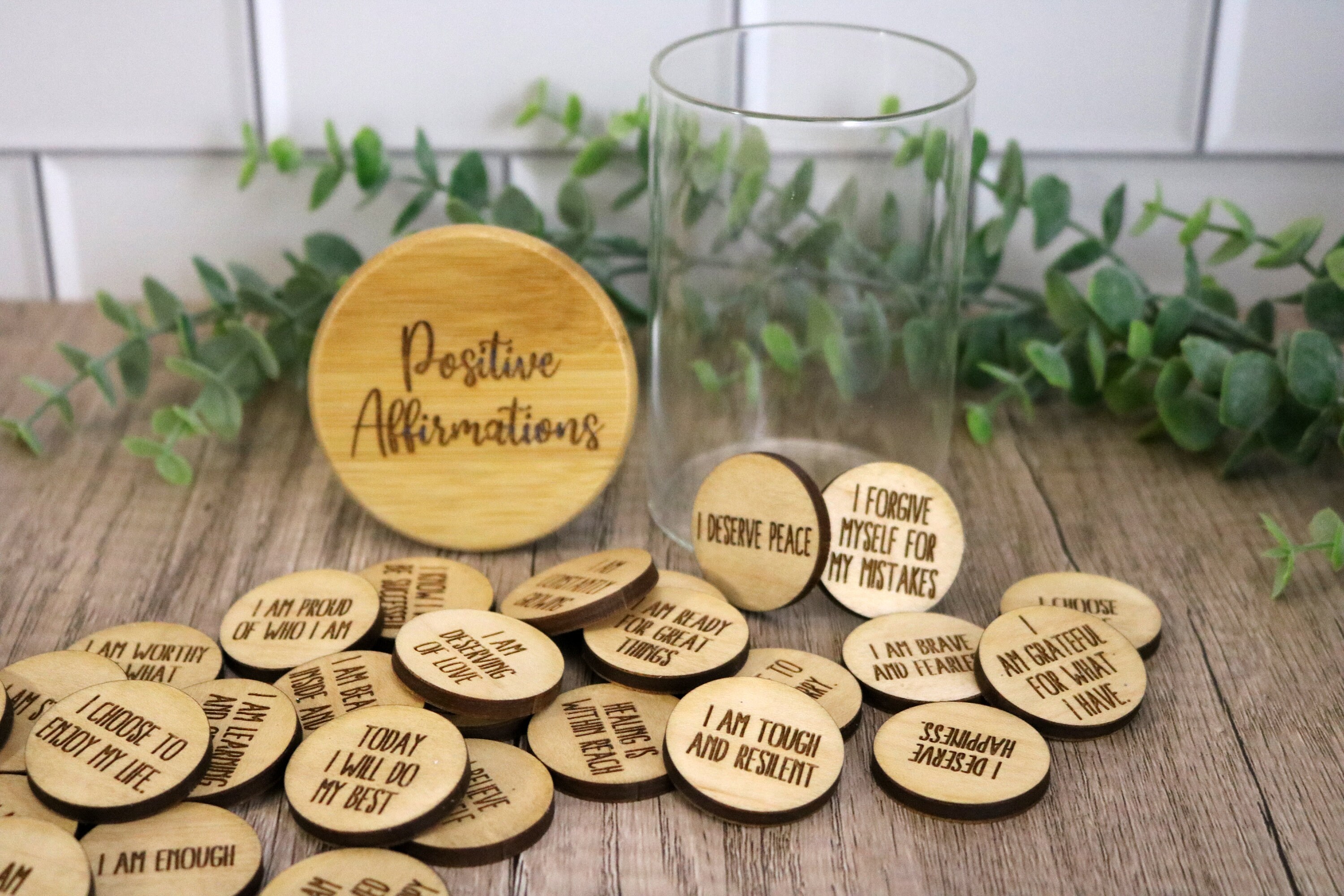 Positive Affirmation Tokens| 30 Positivity Tokens| Customizable Wooden ...