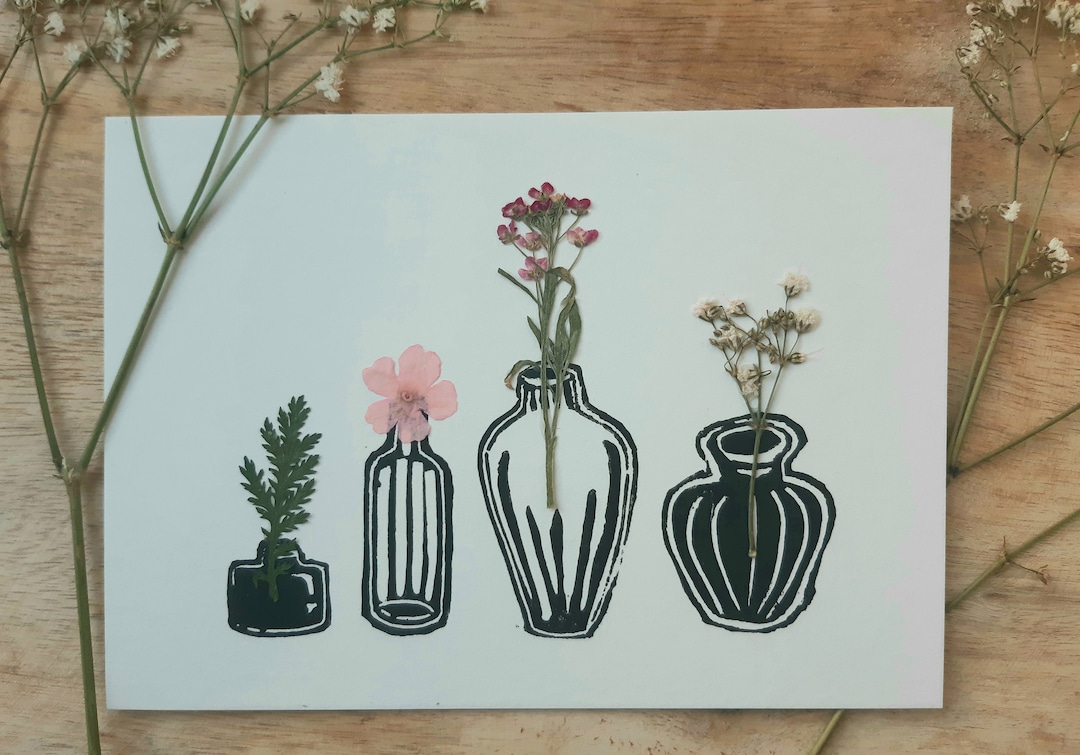 Invitation Card, Gift Card, Wedding Card, Linocut "vases" Art Print ...