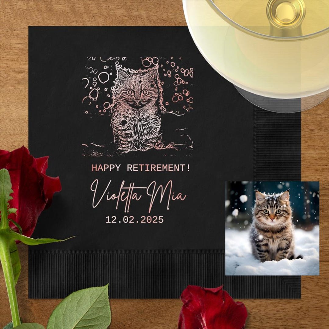 Custom Cat Design Happy Retirement Napkin Personalized Date Gold Foil ...