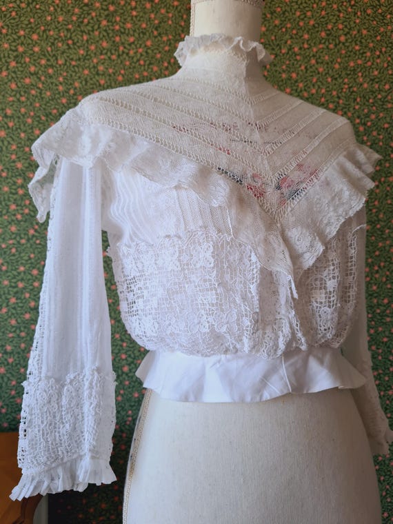 1900s antique French bodice with Valenciennes lace ed… - Gem
