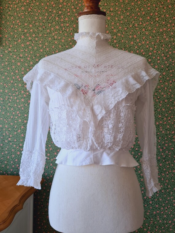 1900s antique French bodice with Valenciennes lace ed… - Gem