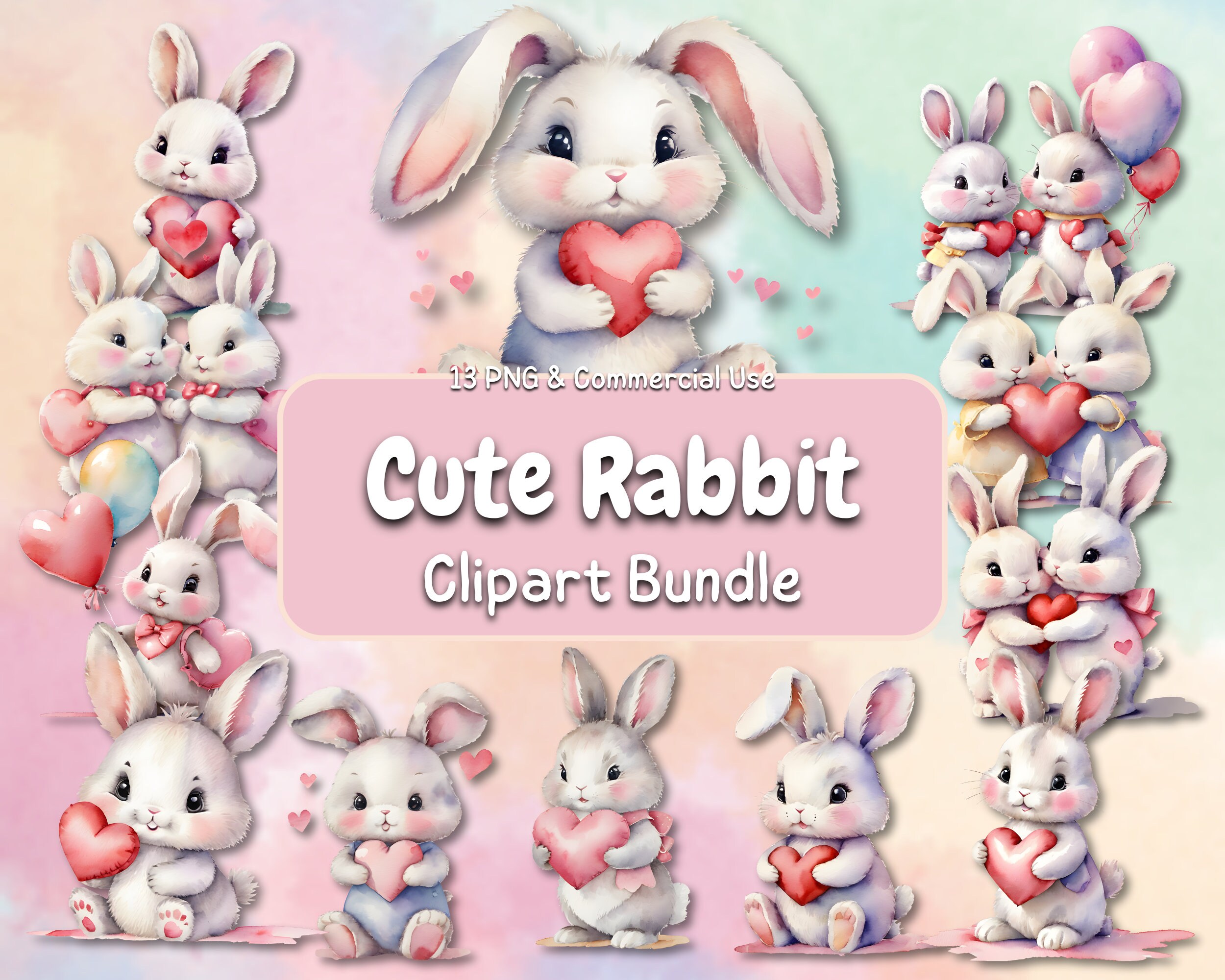 Cute Rabbit Clipart Bundle Valentine's Day, 13 Transparent Pngs ...