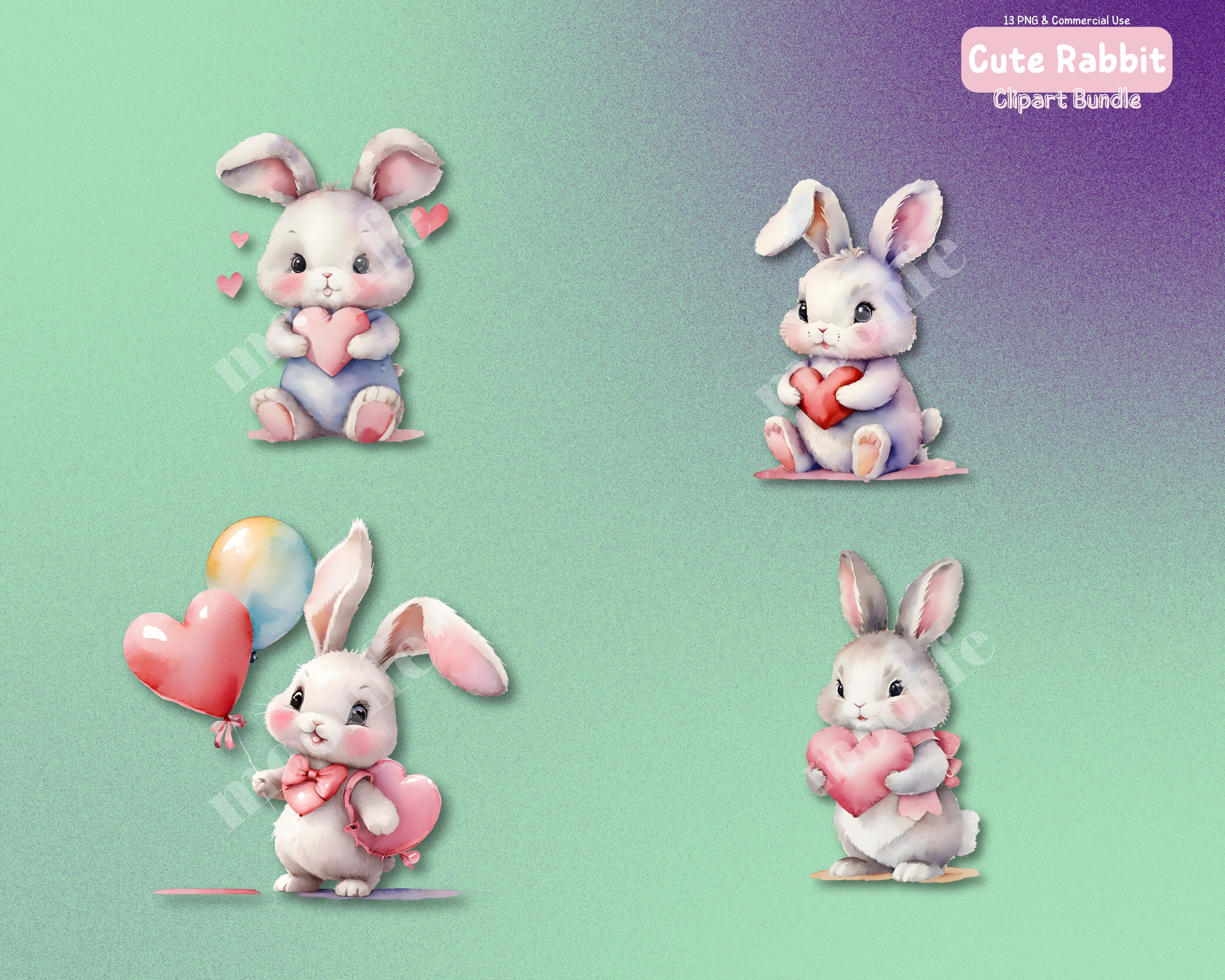 Cute Rabbit Clipart Bundle Valentine's Day, 13 Transparent Pngs ...