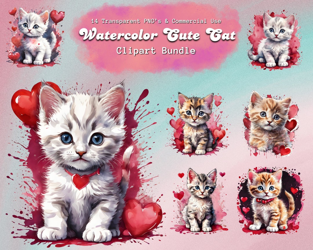 Watercolor Cute Cat Clipart Bundle 14 Transparent Pngs for Commercial ...