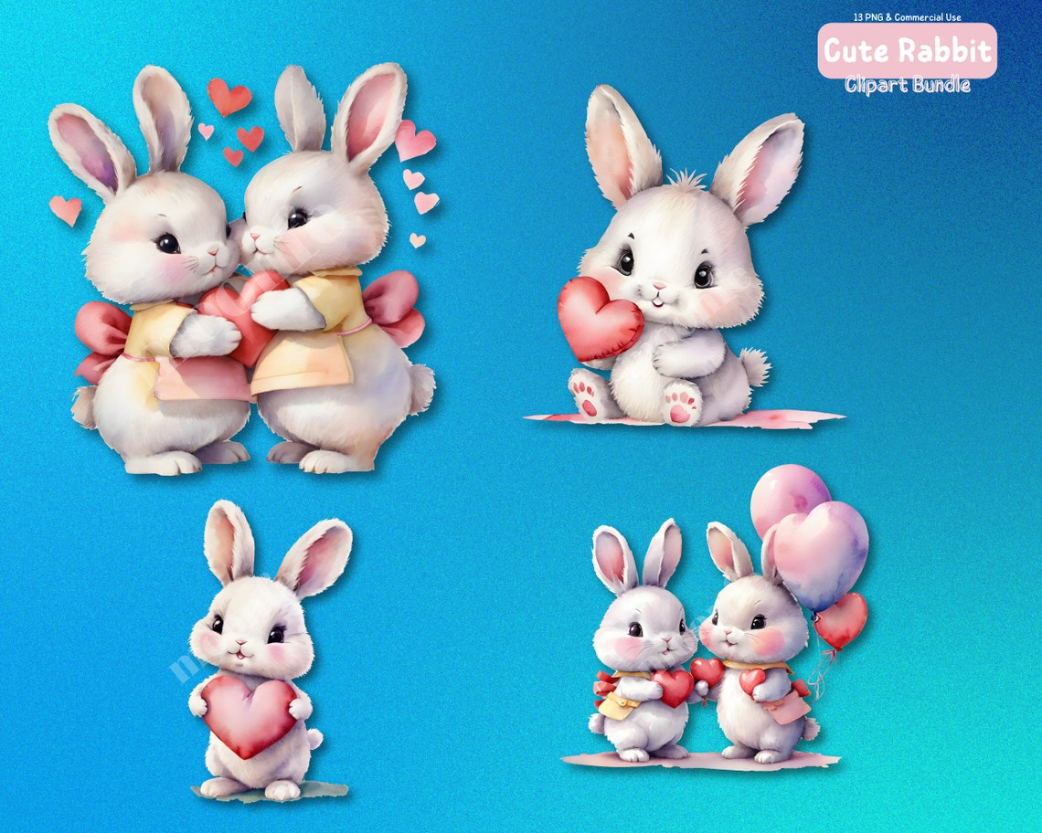 Cute Rabbit Clipart Bundle Valentine's Day, 13 Transparent Pngs ...