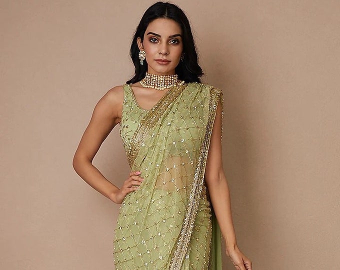 Designer Pista Green Net Saree for Women, Sequin Saree for Wedding ...
