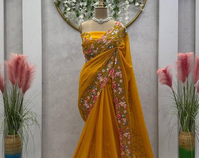 Bridesmaid Yellow Saree for Haldi Function, Wedding Saree With Thread ...