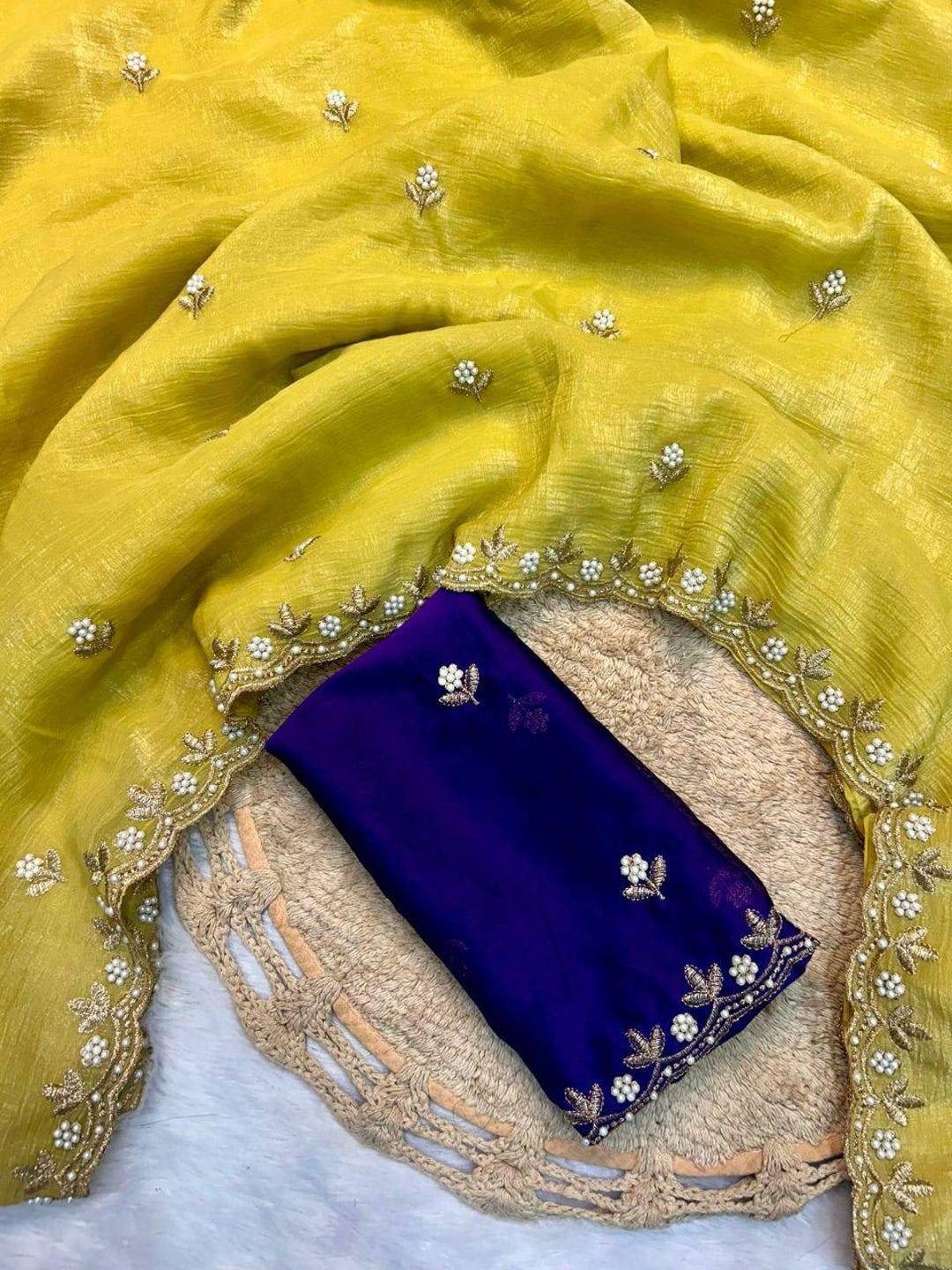 Yellow Wedding Saree for Haldi Function, Designer Satin Chiffon Saree ...