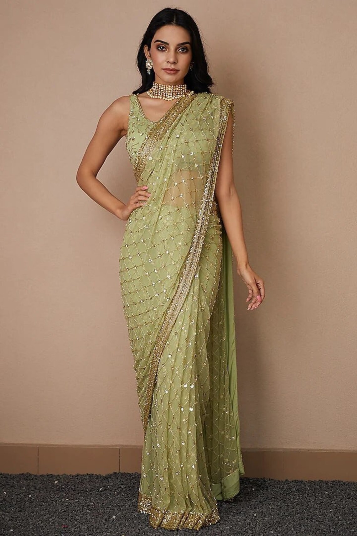 Designer Pista Green Net Saree for Women, Sequin Saree for Wedding ...