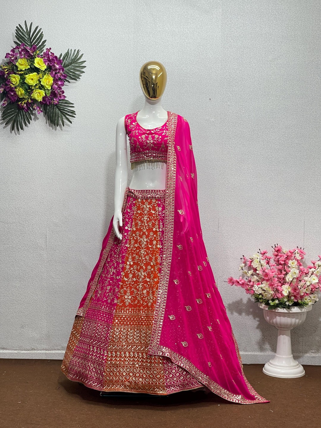 Orange and Pink Lehenga Choli for Wedding, Georgette Lehenga With Fancy ...