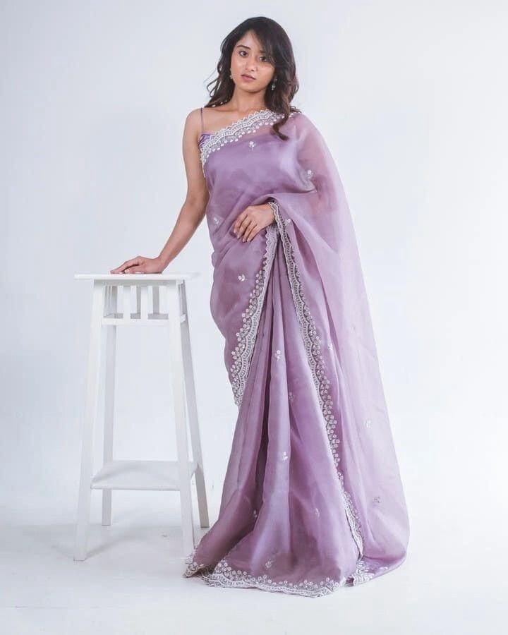Lavender Saree for Women, Trendy Tebi Silk Saree Blosue, Party Wear ...