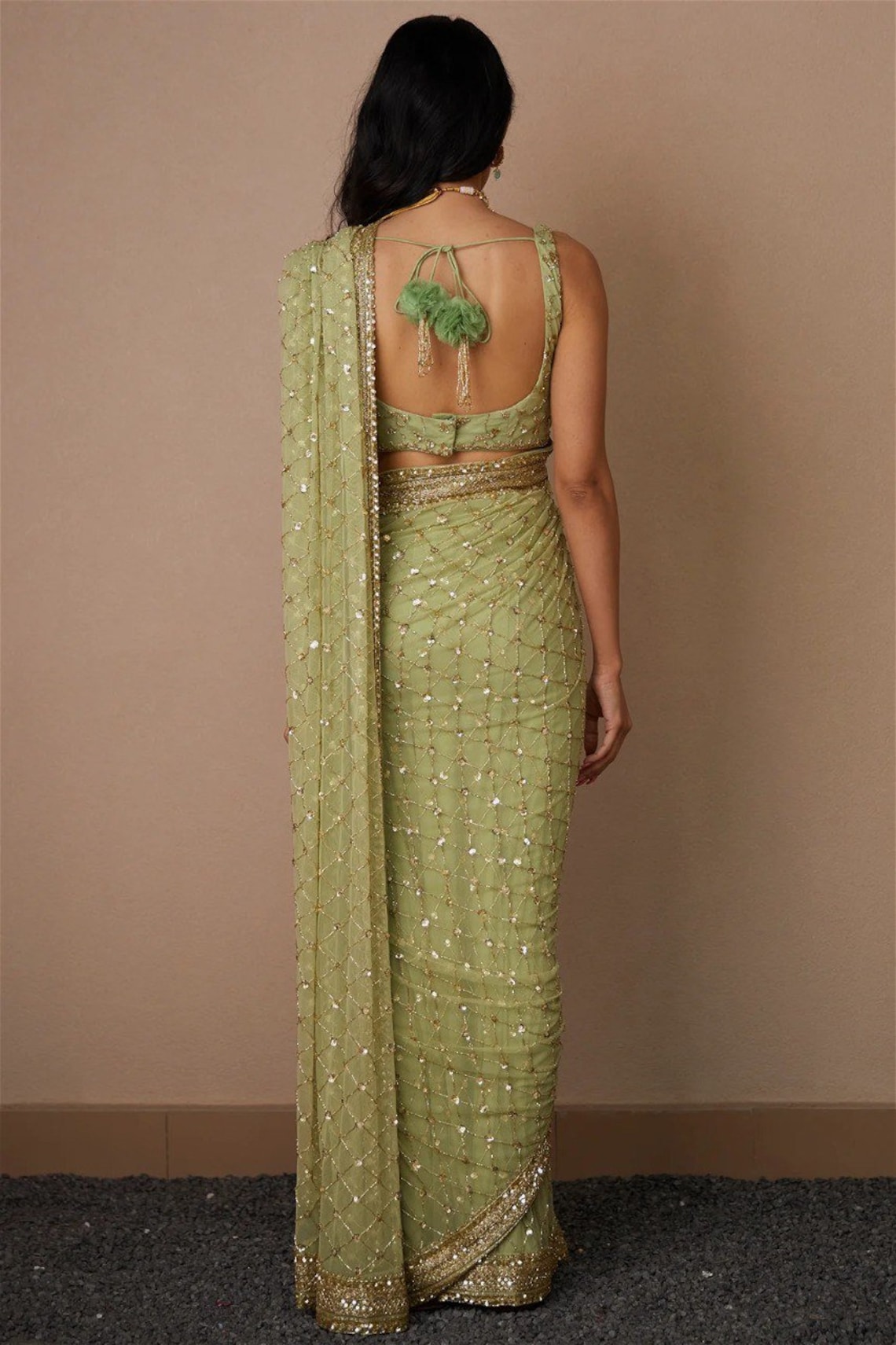 Designer Pista Green Net Saree for Women, Sequin Saree for Wedding ...