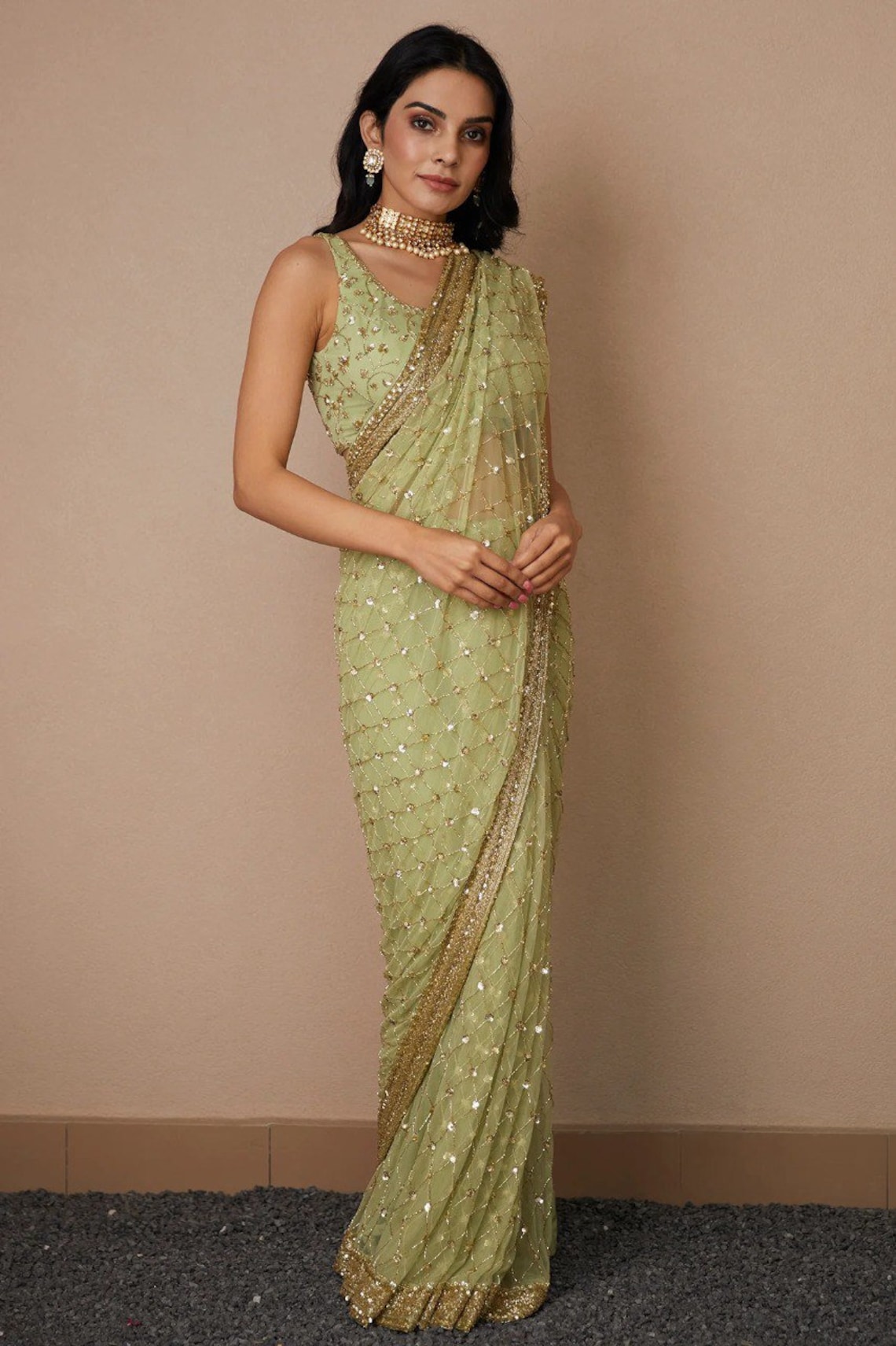 Designer Pista Green Net Saree for Women, Sequin Saree for Wedding ...