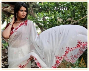 White Saree Red Border - Etsy