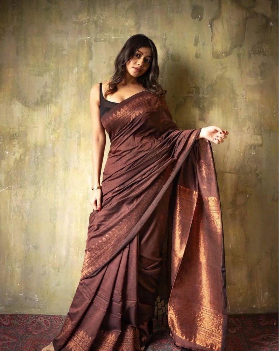 Wedding Wear Coffee Saree for Women, Designer Sari for Mother, Jacquard ...