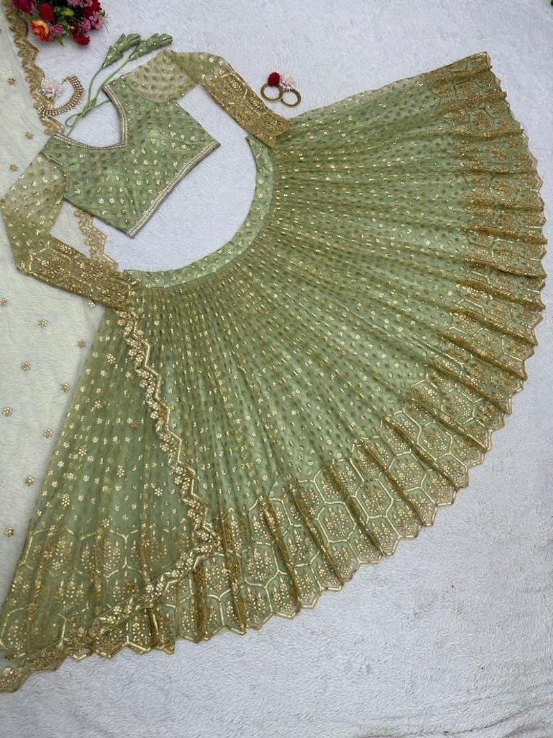 Wedding Wear Soft Net Green Lehenga for Sangeet, Sequin Lehenga for ...